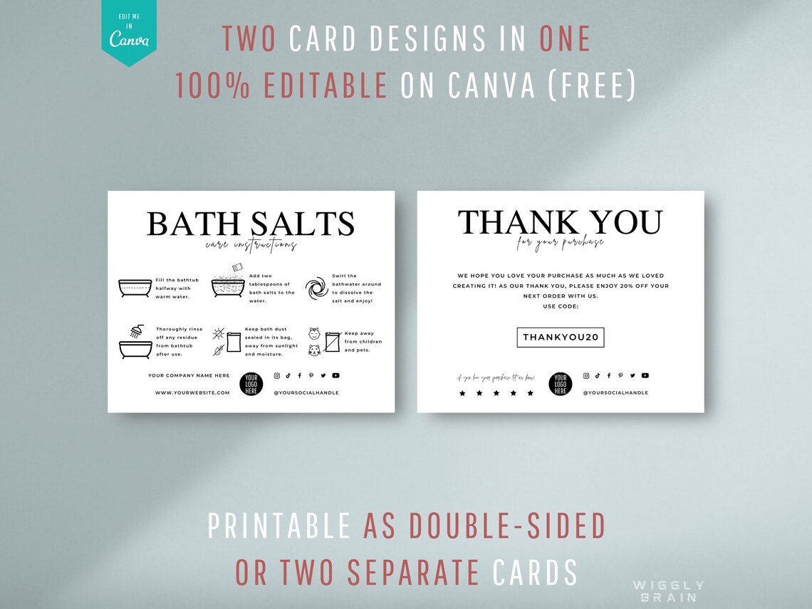 Editable Bath Salts Care Card Template, Epsom Salt Care Guide ...