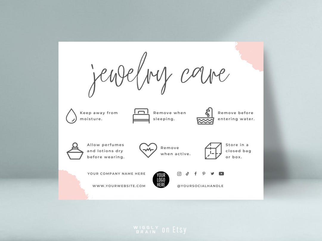 Jewelry Care Card Template, Printable Jewellery Care Instructions ...