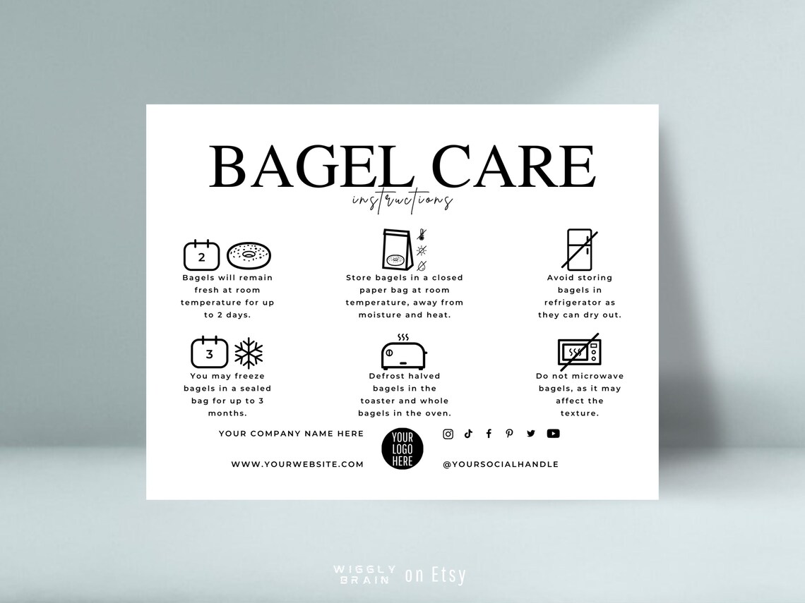 Editable Bagel Care Card Template, Bread Roll Storage Instructions ...