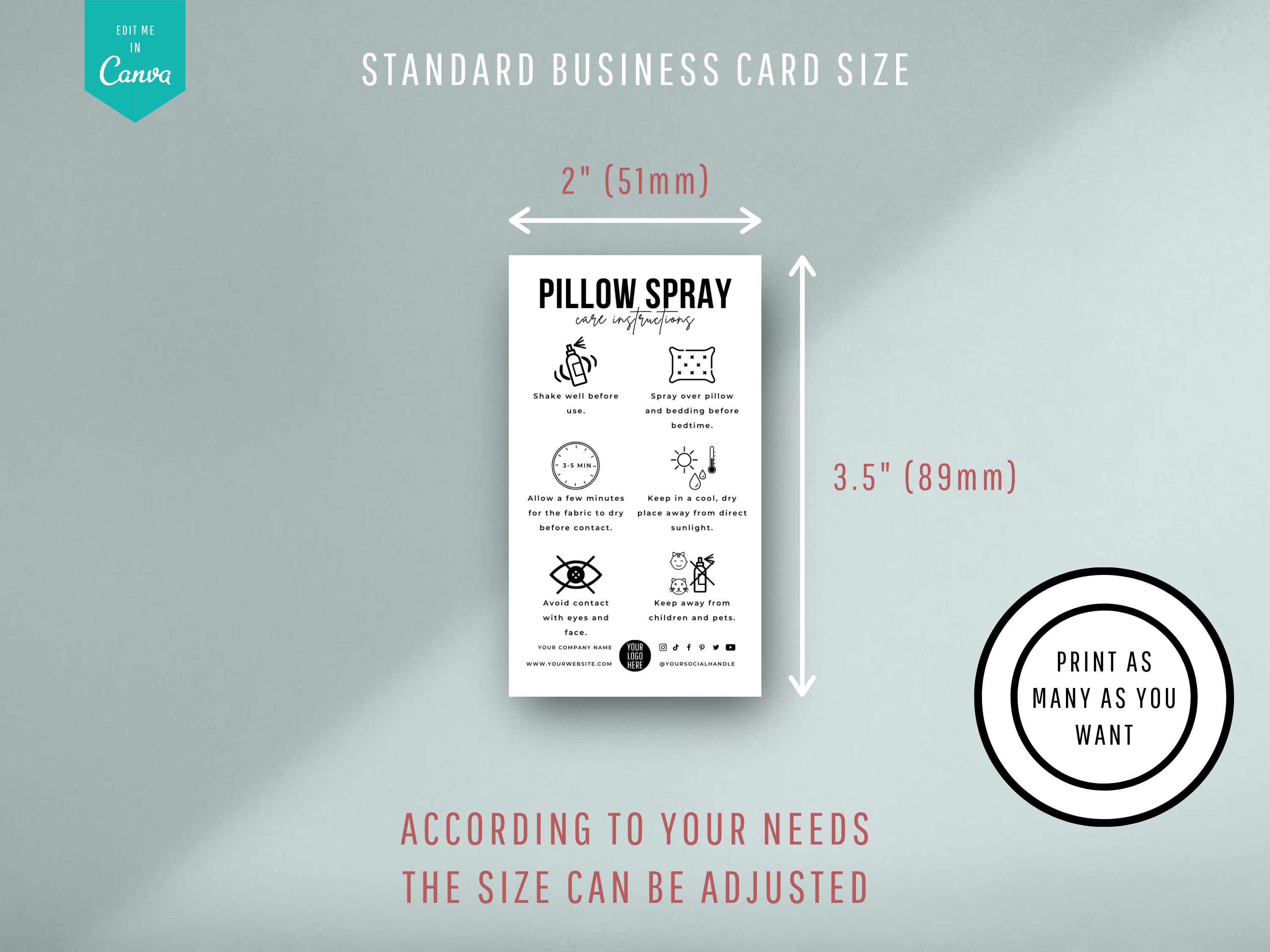 Editable Mini Pillow Spray Care Card Template, Sleep Mist Care Guide ...