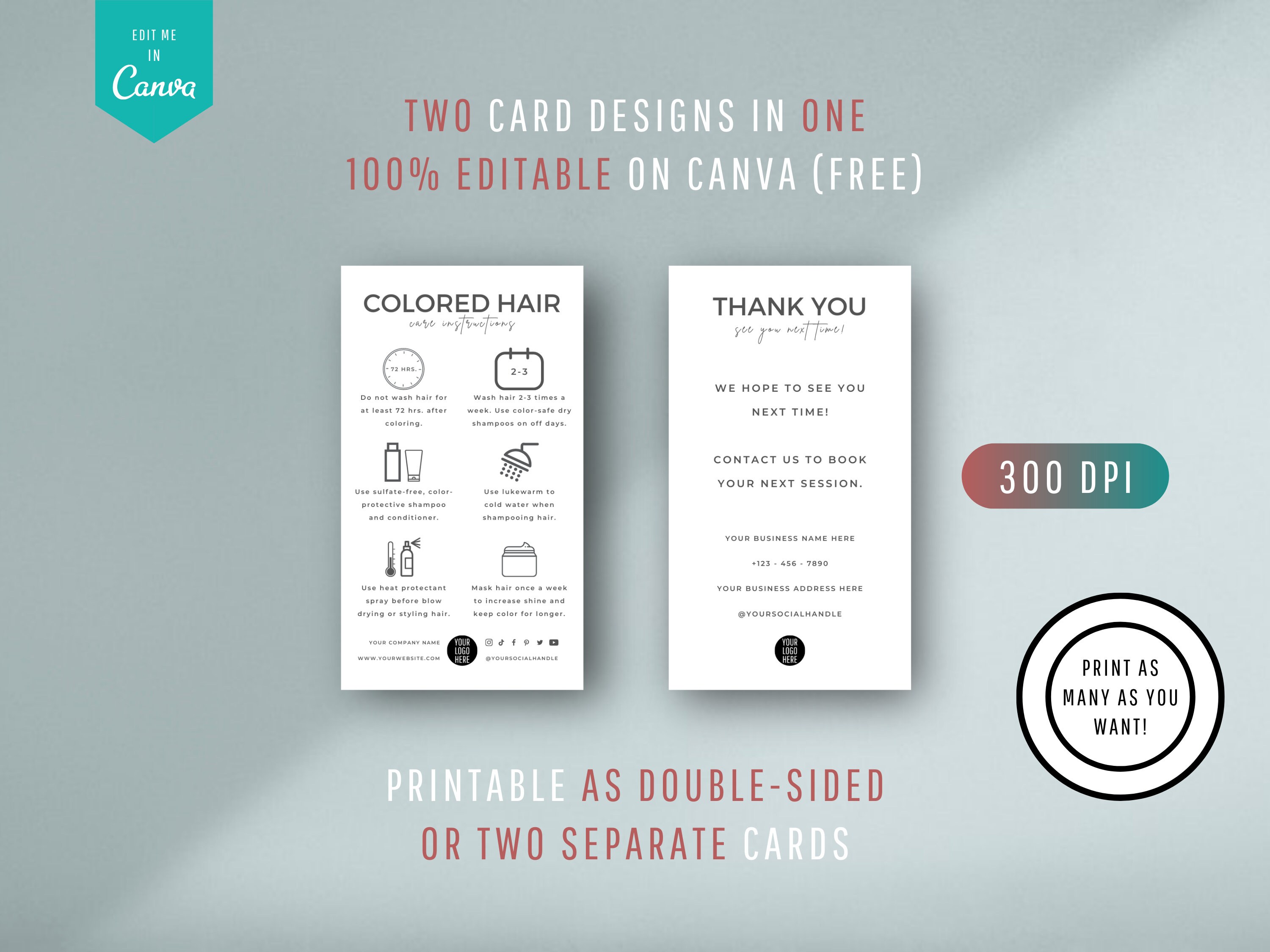 Mini Colored Hair Care Card Template, Editable Dyed Hair Aftercare ...