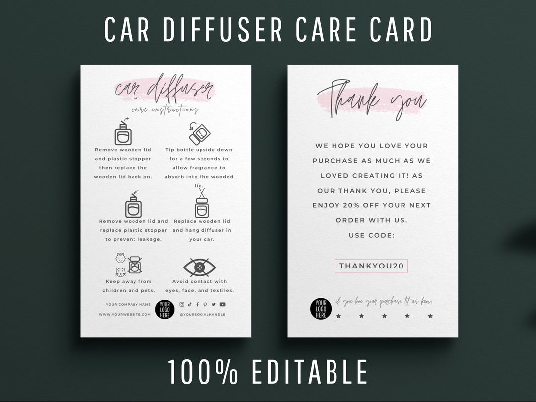 Editable Mini Car Diffuser Care Card Template, Car Scent Care ...