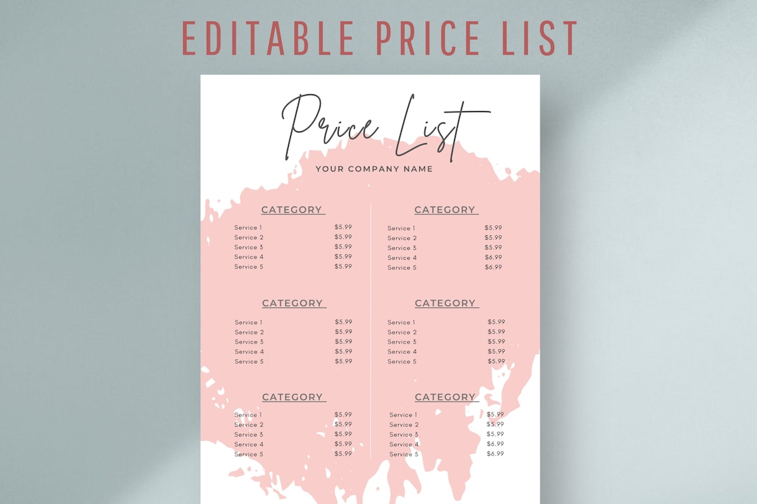 Editable Vinyl Price List Template, Printable Pricing Sheet, Beauty ...