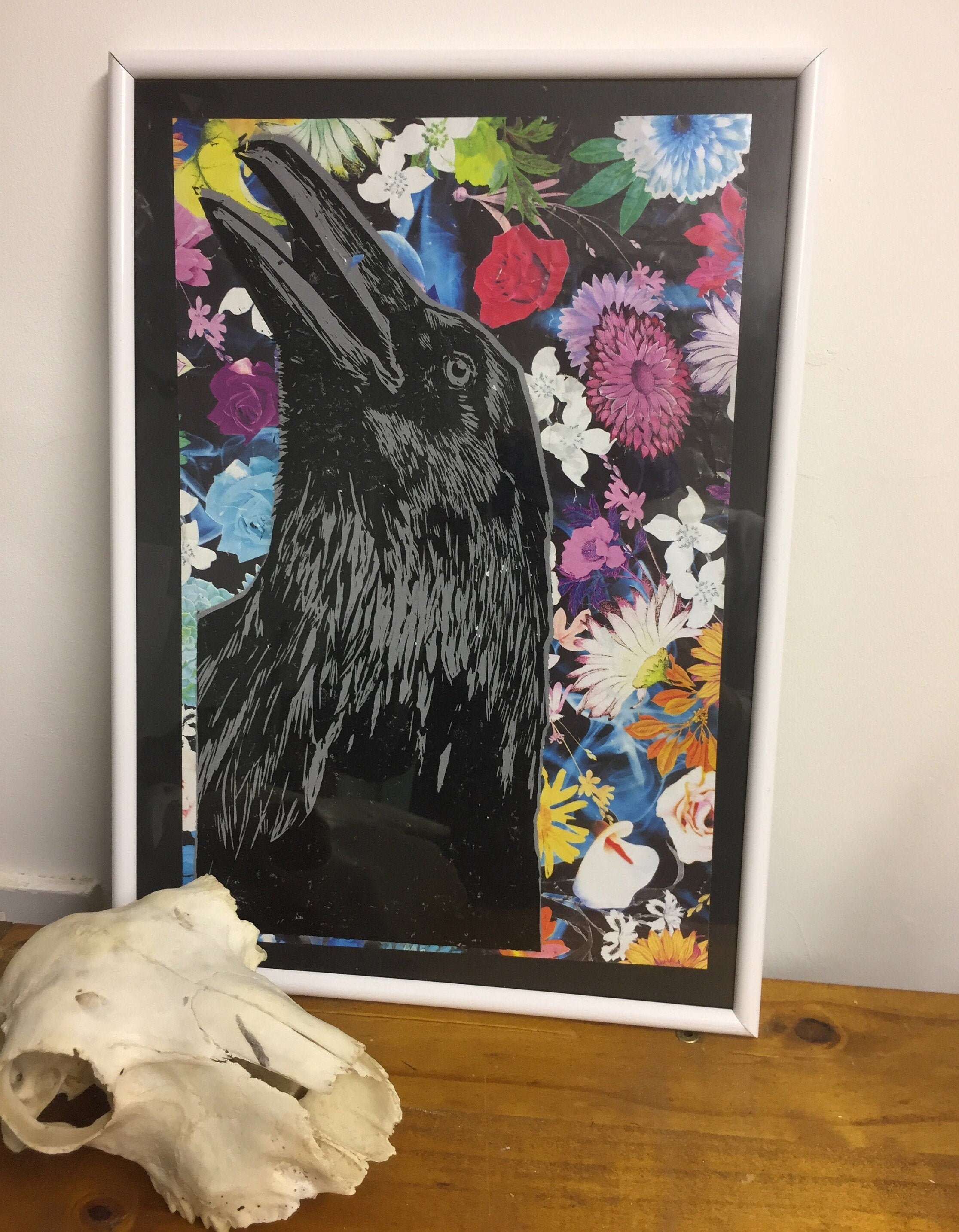 Raven Linocut on Collage Background. - Etsy