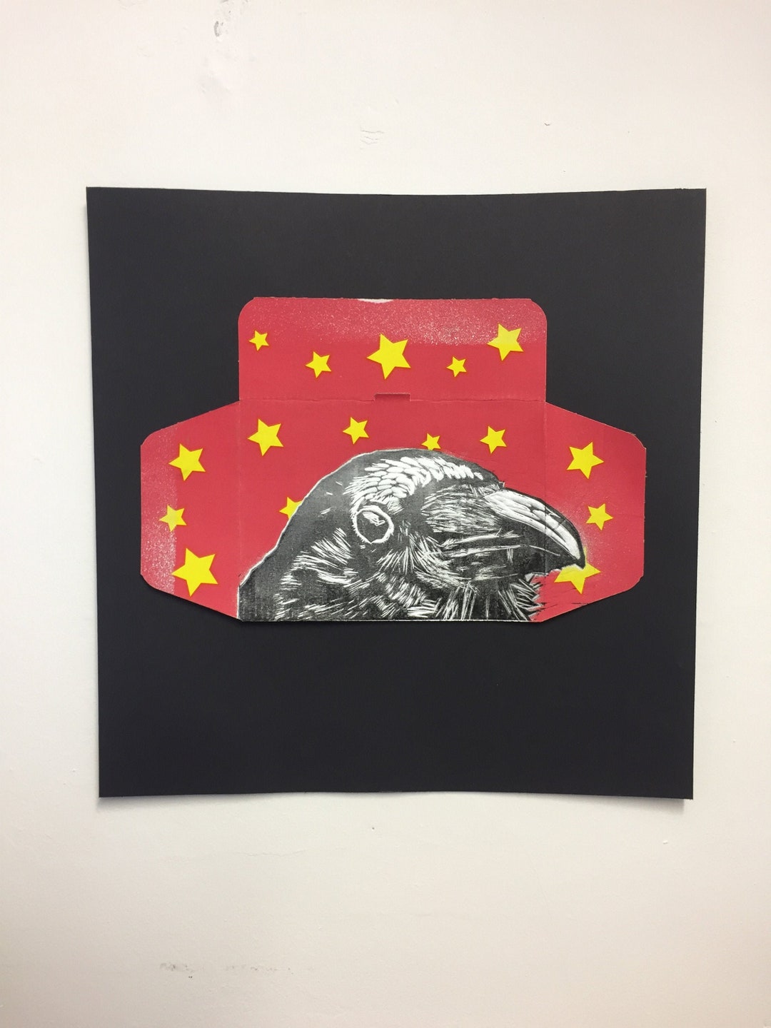 Raven Linocut on Cardboard Packaging With Silver Spray Paint. - Etsy