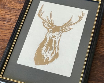 A4 Original Linocut Print With Gold Leaf. Stag With Gold Antlers. - Etsy