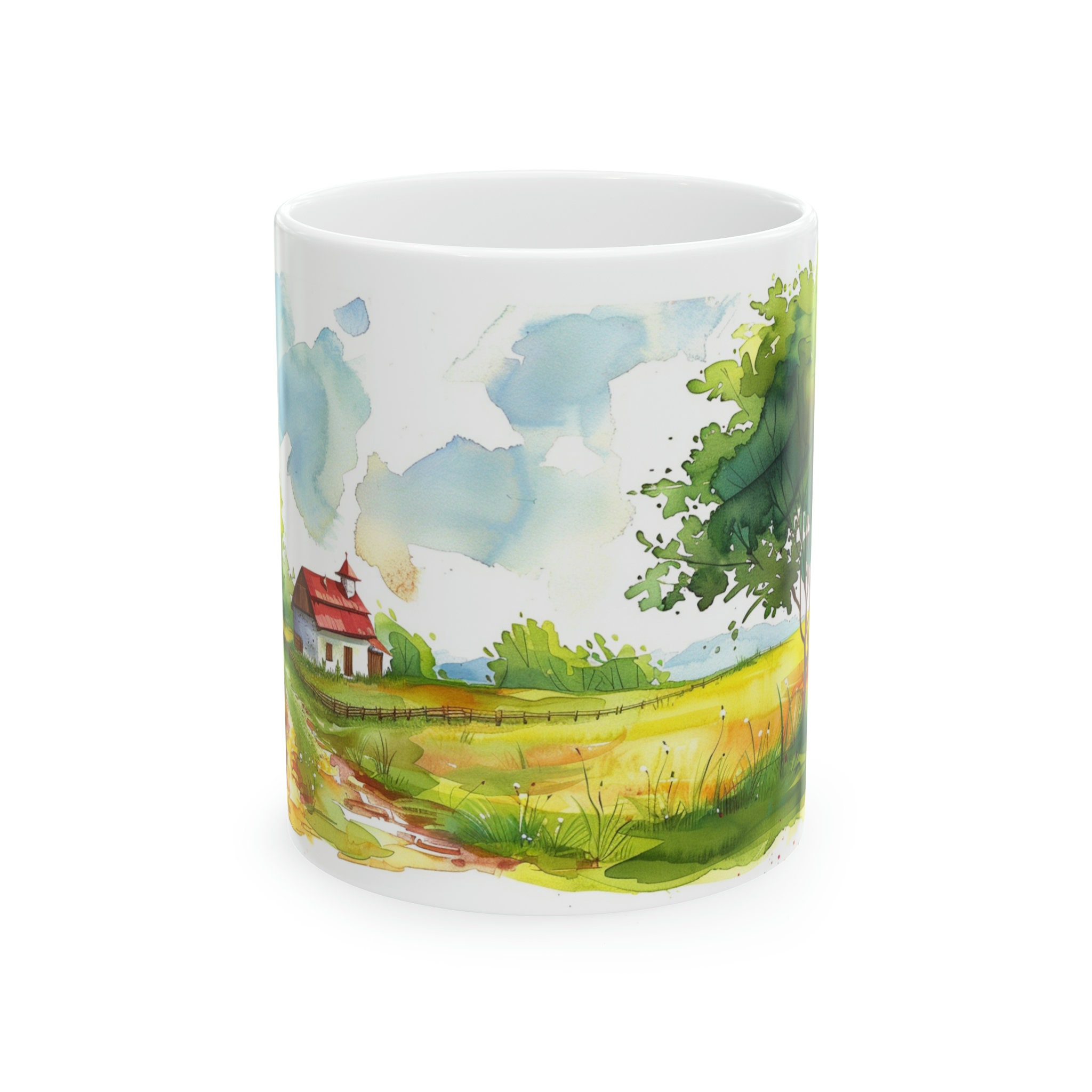 Scenic Farm Barn Rolling Hills Country Watercolor Ceramic Mug, 11oz ...