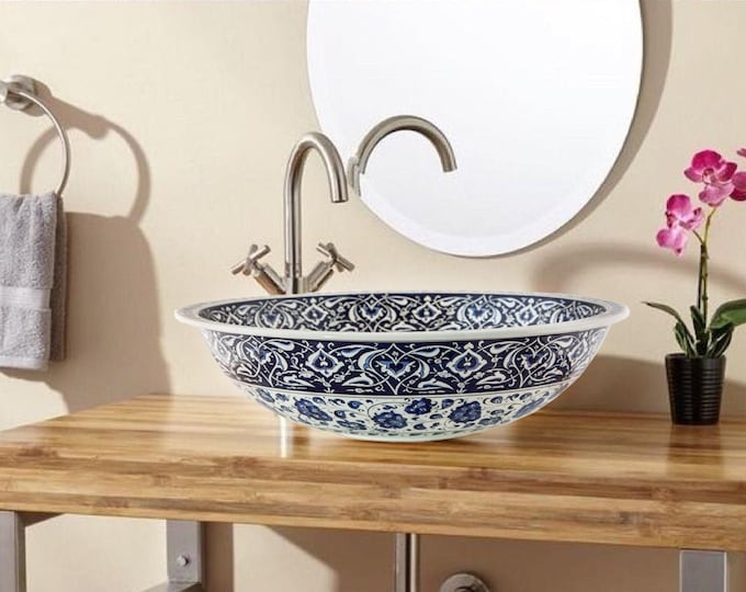 Floral Patterned Basin Sink, Ceramic Countertop Basin, Handmade Round ...