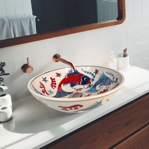Fish Patterned Wash Basin, Bathroom Vessel Sink, Above Countertop Basin ...