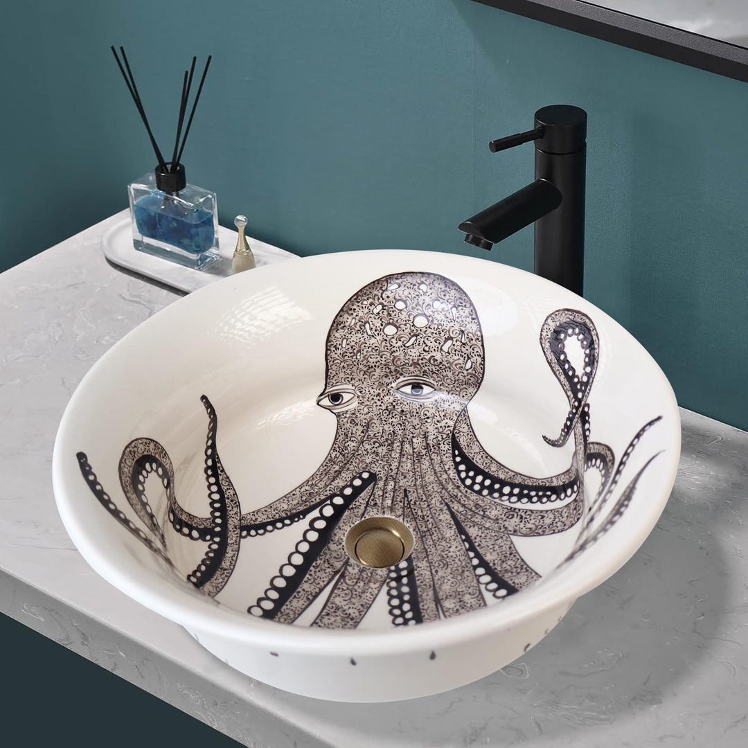 Bathroom Black Octopus & Spirals Vessel Vanity Sink, Ceramic Countertop ...