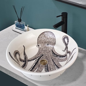 Bathroom Black Octopus & Spirals Vessel Vanity Sink, Ceramic Countertop ...