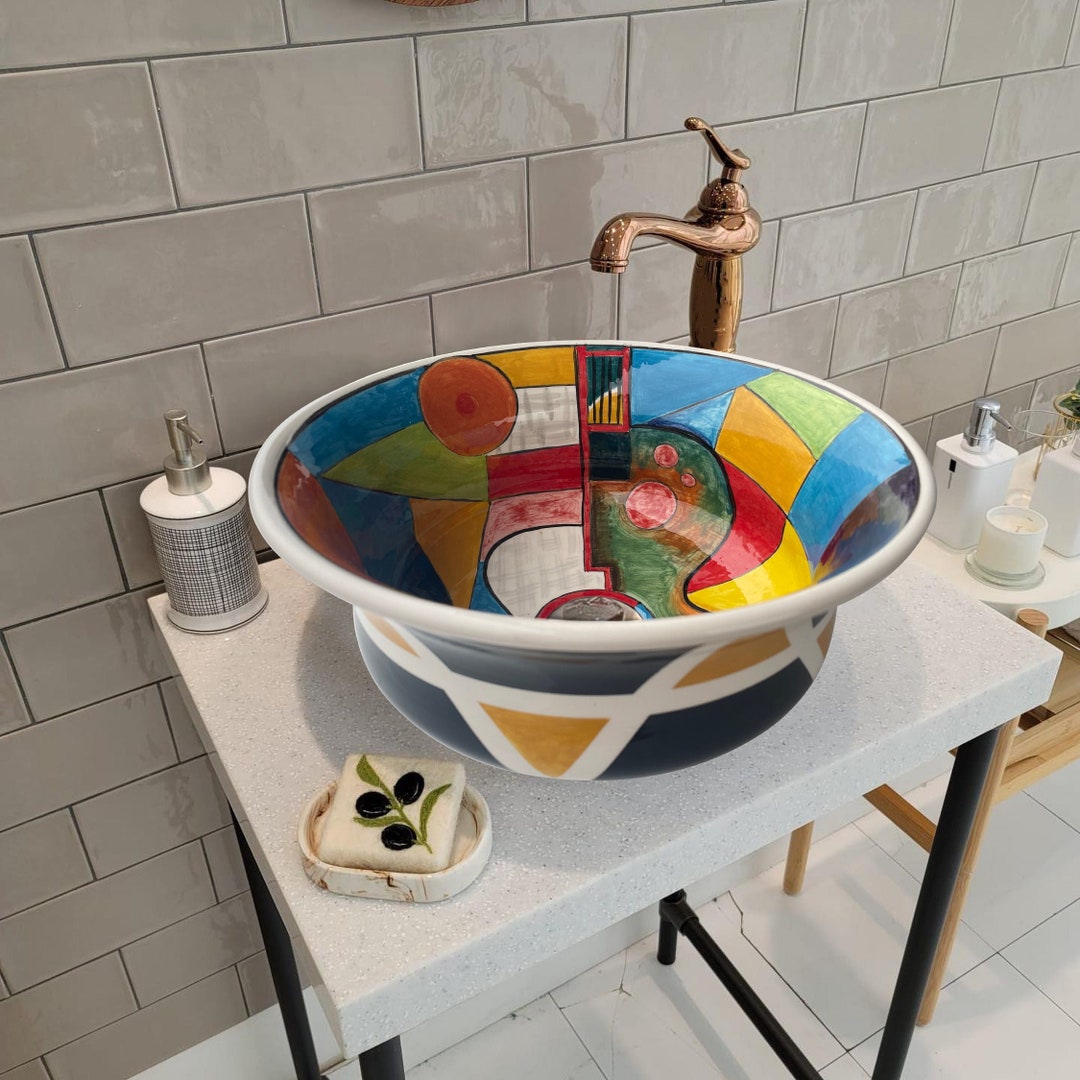 Bathroom Vessel Geometric Sink, Art Sink, Ceramic Countertop Basin ...