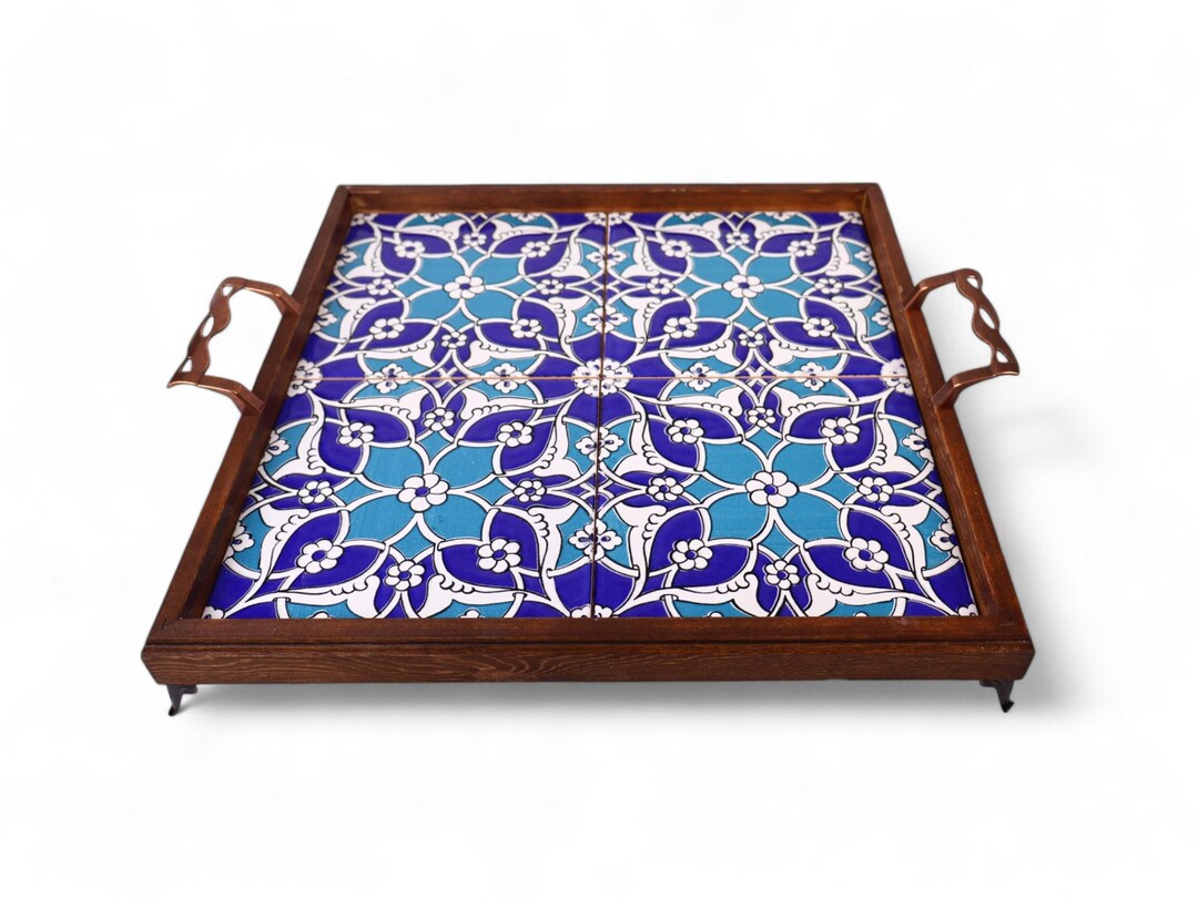 Large Wooden Serving Tray & Ceramic Tile, Decorative Floral Tile ...