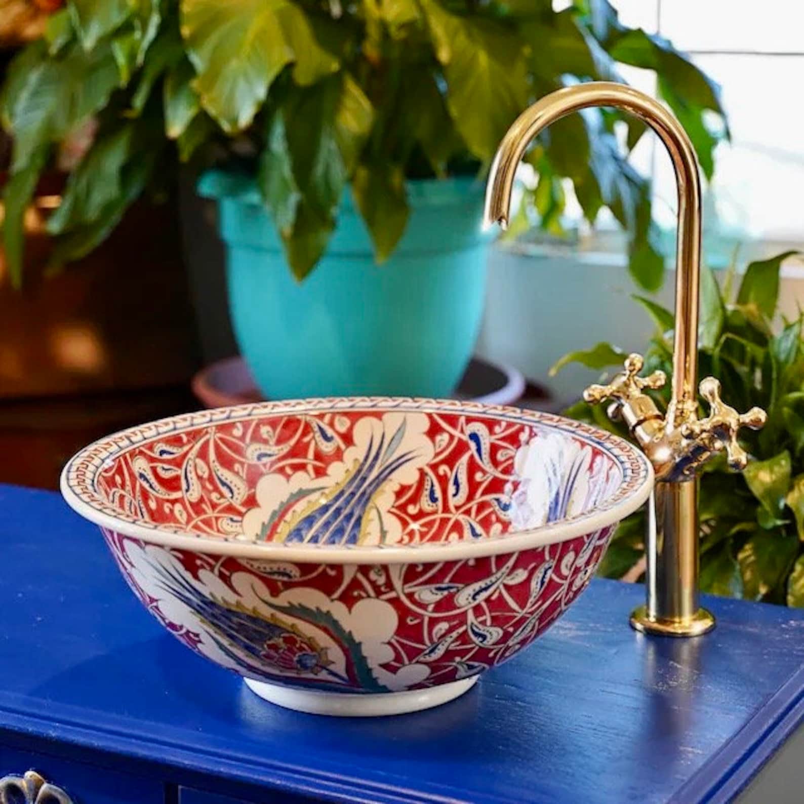 Beautiful Ceramic Sink, Turkish Unique Washbasin, Hand Painted Round ...
