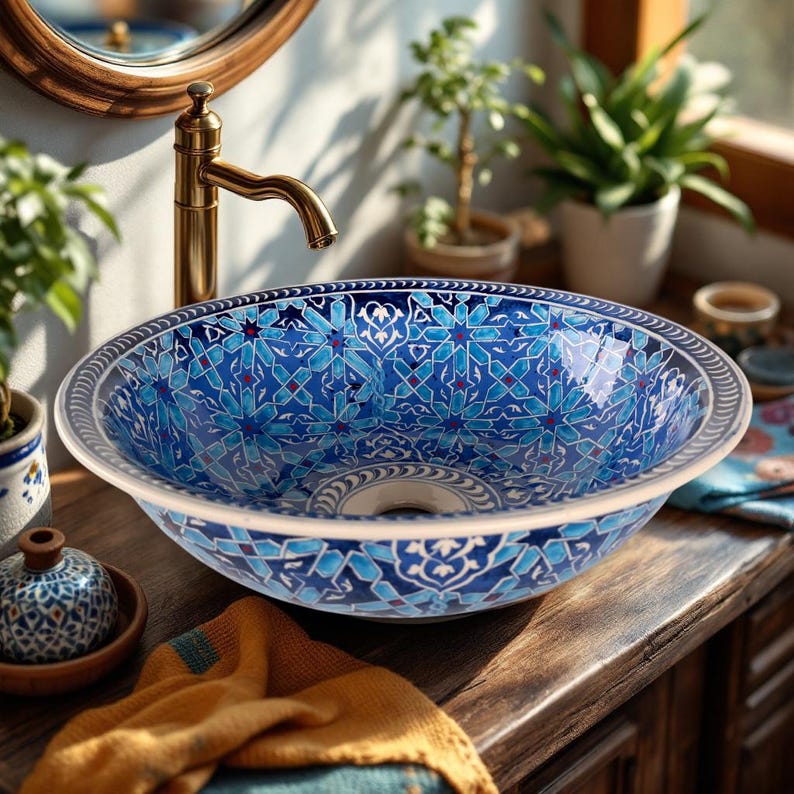 Bathroom Traditional Geometric Oriental Sink, Midcentury Vessel Basin ...