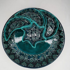 Teal Ceramic Snack Serving Set, Handmade Turkish Platter, Pottery Bowl ...