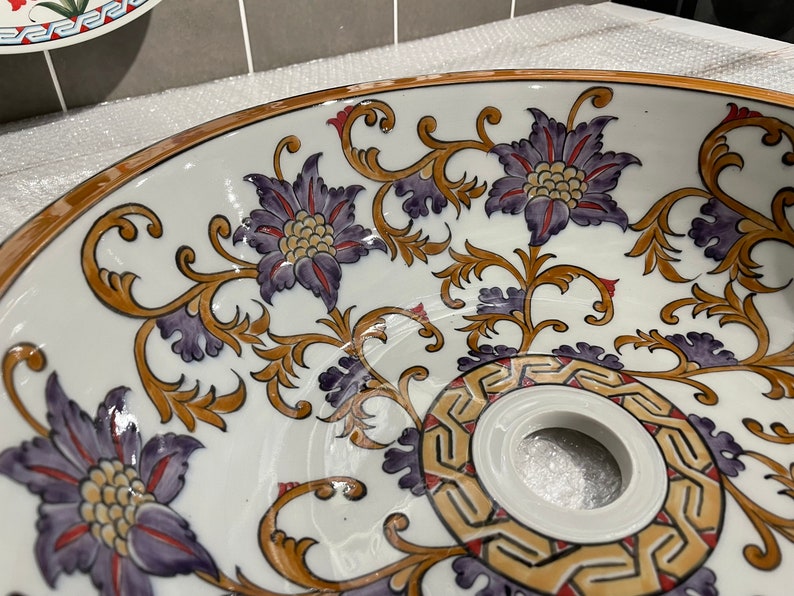Bathroom Countertop V Shaped Sink, Porcelain Washbasin, Sink, Floral ...