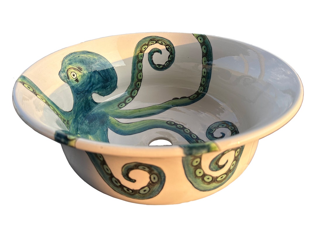 Green Octopus Bathroom Vessel Sink, Ceramic Countertop Basin, Washing ...