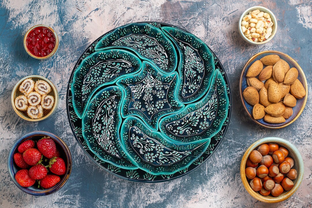 Teal Ceramic Snack Serving Set, Handmade Turkish Platter, Pottery Bowl ...