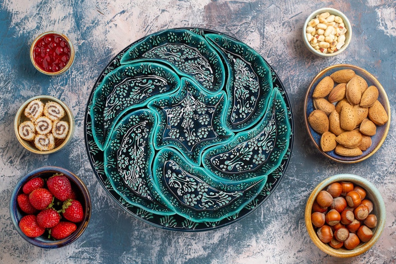 Teal Ceramic Snack Serving Set Handmade Turkish Platter | Etsy