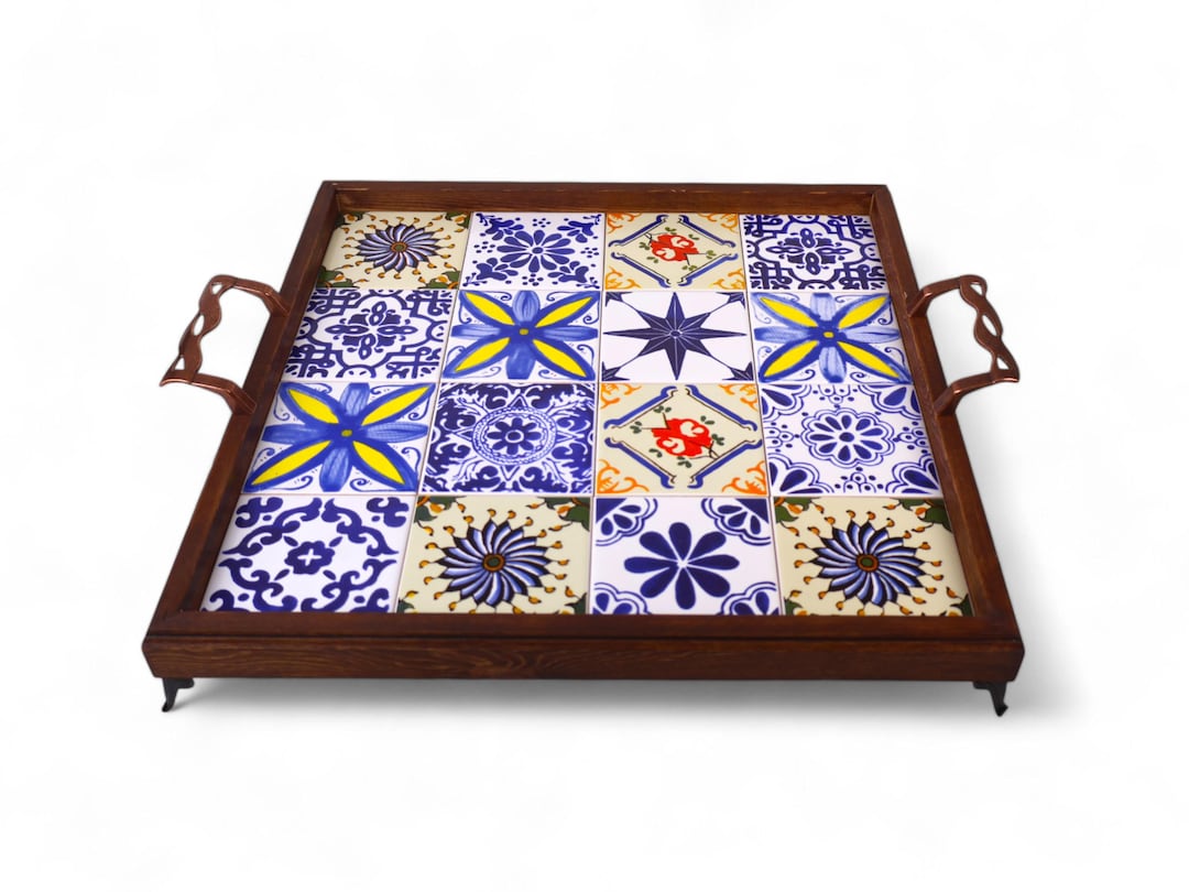 Large Wooden Serving Tray & Mexican Ceramic Tile, Floral Decor Tile ...