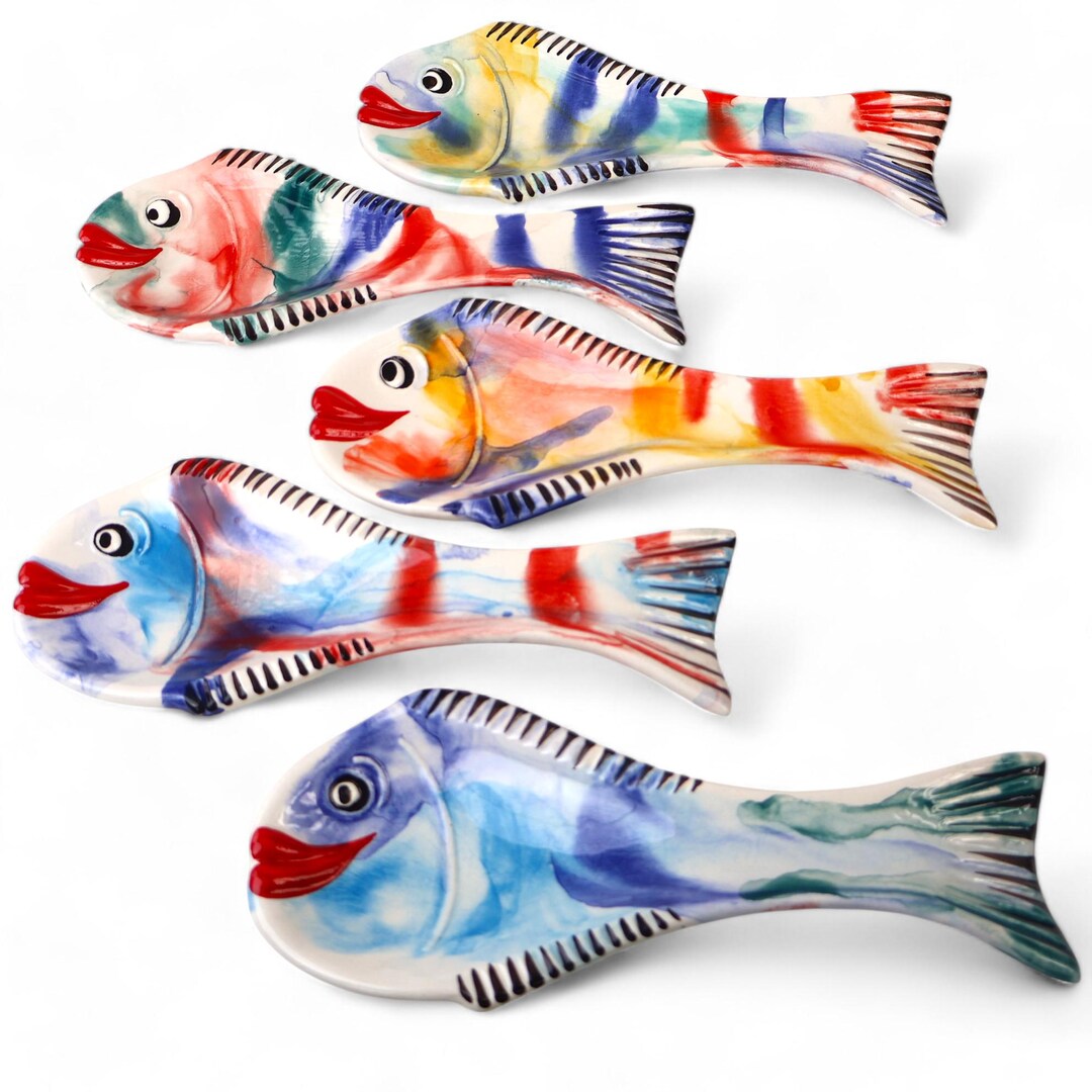 Fish Shaped Ceramic Spoon Rest & Marbling Effect, Beach House Sea Ocean ...