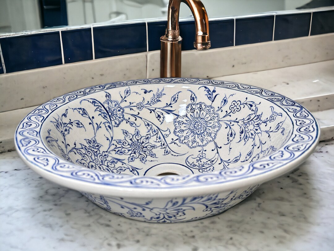 Bathroom Ceramic Blue Basin, Kitchen Vessel Sink, Countertop Floral ...