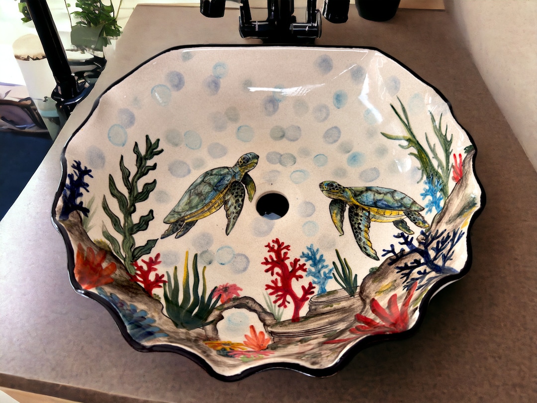 Bathroom Countertop Sea Turtle Sink, Ceramic Siren Washbasin, Bath ...