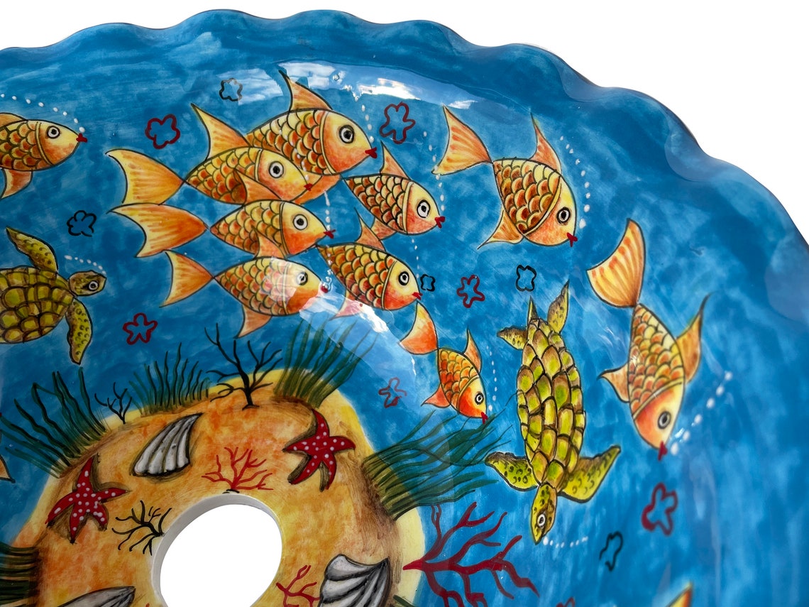 Round Bathroom Vessel Sink Blue Fish Ceramic Above Counter | Etsy