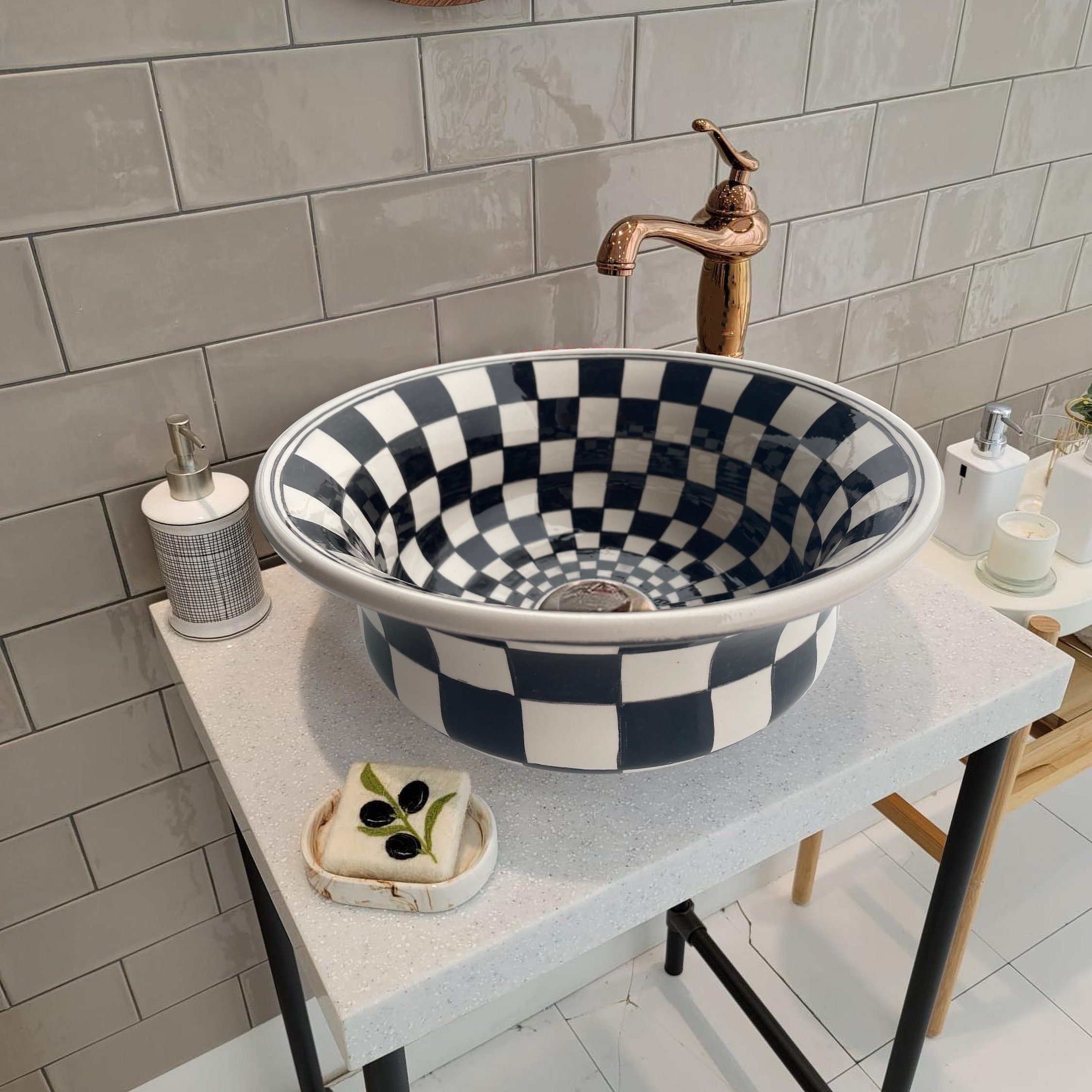 Checkered Sink Bathroom Vessel Sink Black & White Ceramic - Etsy