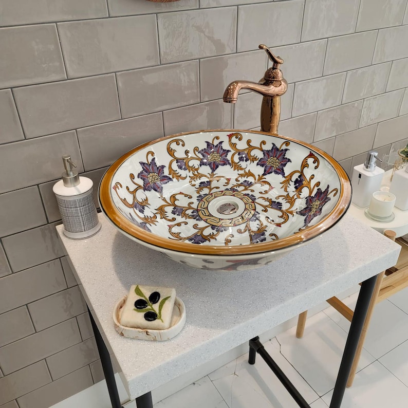 Bathroom Countertop V Shaped Sink, Porcelain Washbasin, Sink, Floral ...
