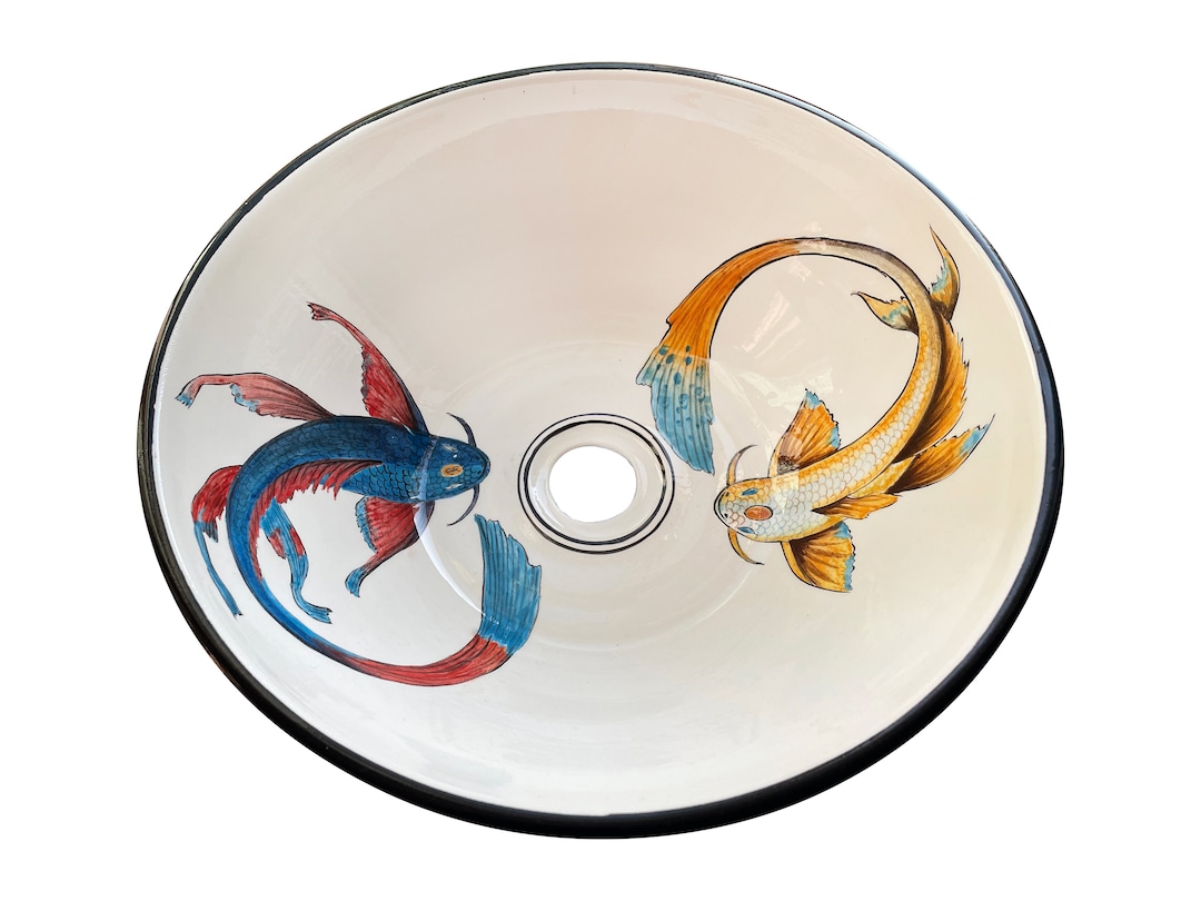 Bathroom Vessel Koi Fish Sink, Ceramic Countertop Basin Bowl, Vanity ...