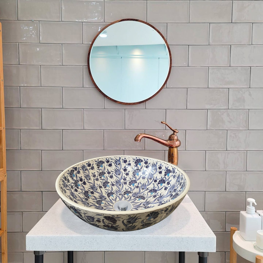 Floral Traditional Bathroom Sink, Ceramic Countertop Conical Basin ...