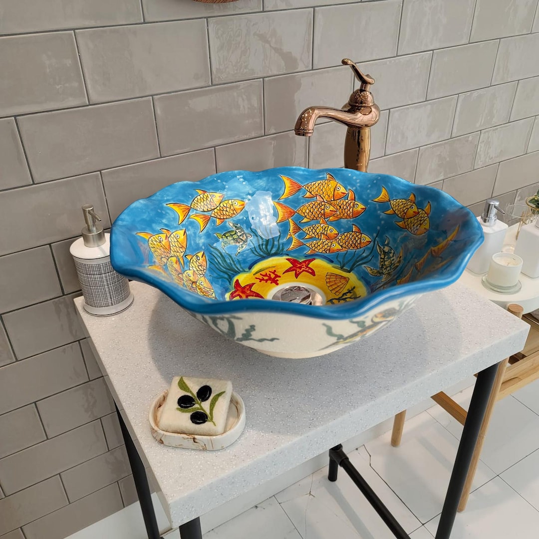 Bathroom Vanity Ocean Wash Basin, Bathroom Vessel Fish Sink, Above ...