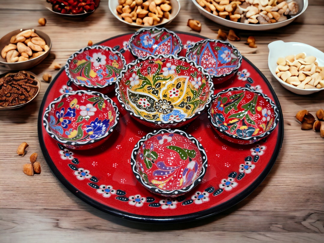 Snack Bowl Set of 8 & Red Serving Platter, Round Nuts Dishes, Divided ...