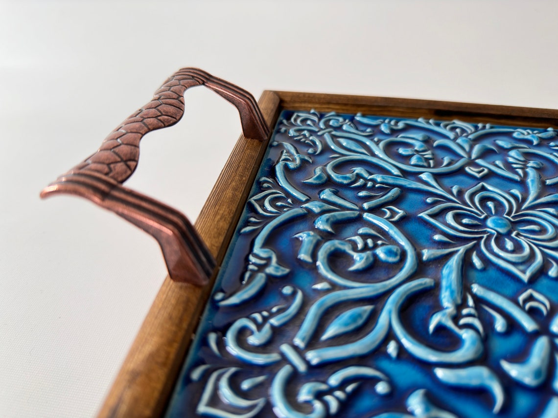 Oriental Embossed Decorative Tile Tray & Handle, Ottoman Serving Wooden ...