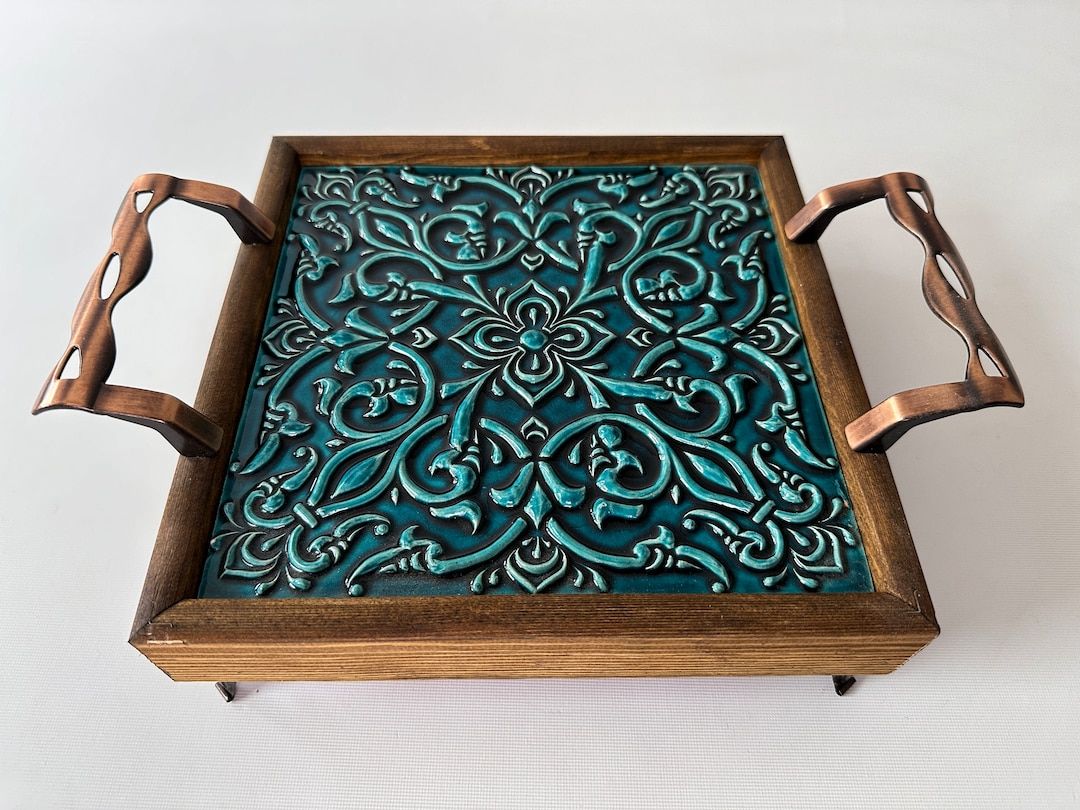 Oriental Teal Embossed Decorative Tile Tray With Handle, Ottoman ...