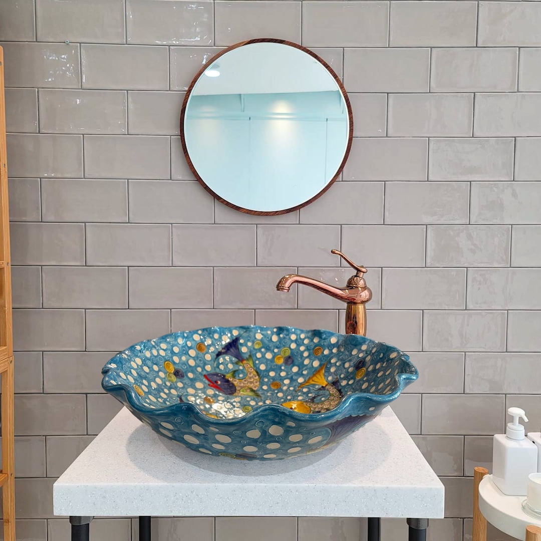 Fish and Sea Round Bathroom Sink, Curvy Edge, Ceramic Countertop Basin ...