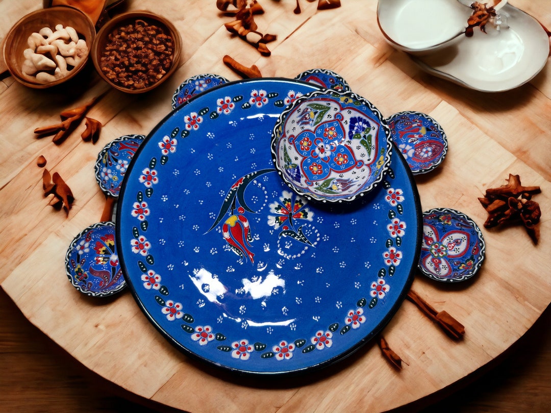 Snack Bowl Set of 8 & Blue Serving Platter, Round Nuts Dishes, Divided ...