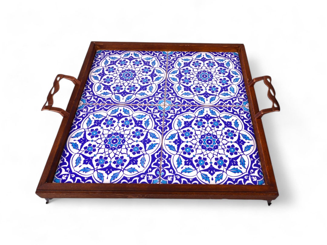 Large Wooden Serving Tray & Ceramic Tile, Decorative Floral Tile ...