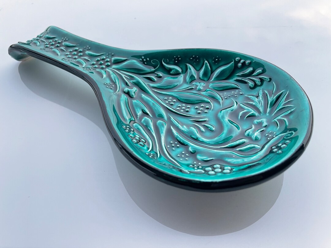 Turquoise Ceramic Spoon Rest, Blue Utensil Holder, Kitchen Decor, Spoon ...