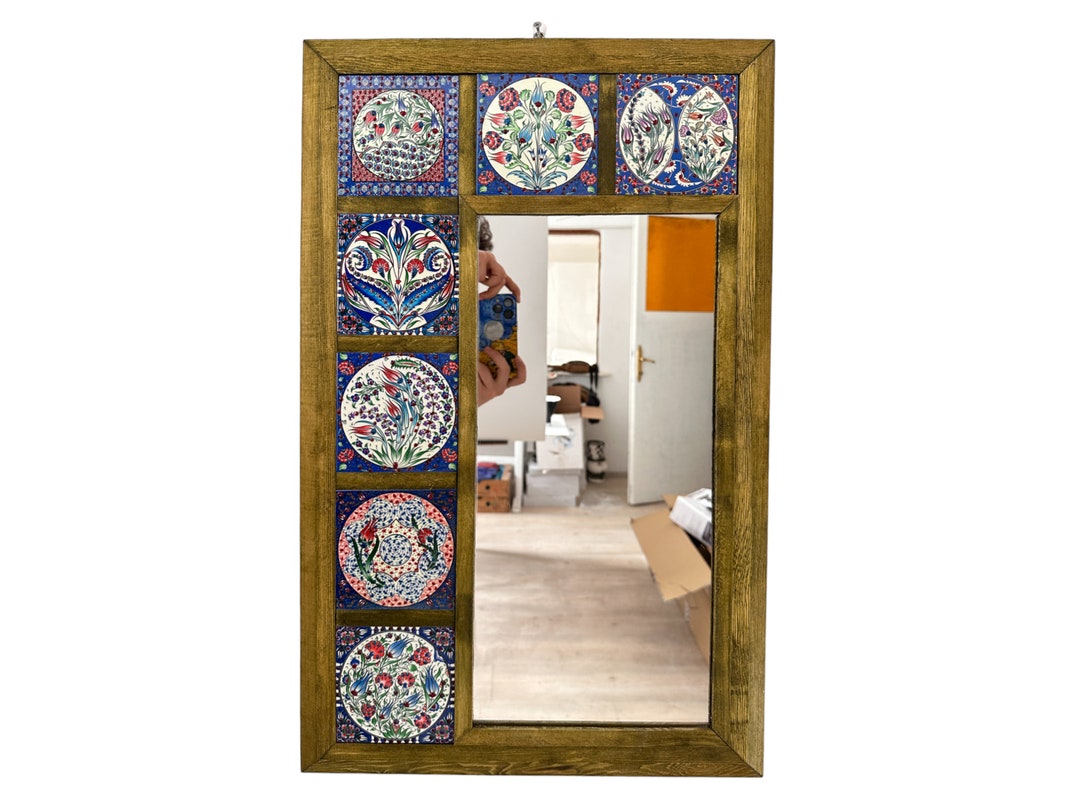 Ethnic Wall Hanging Tiled Wood Mirror, Rustic Console Mirror, Framed ...