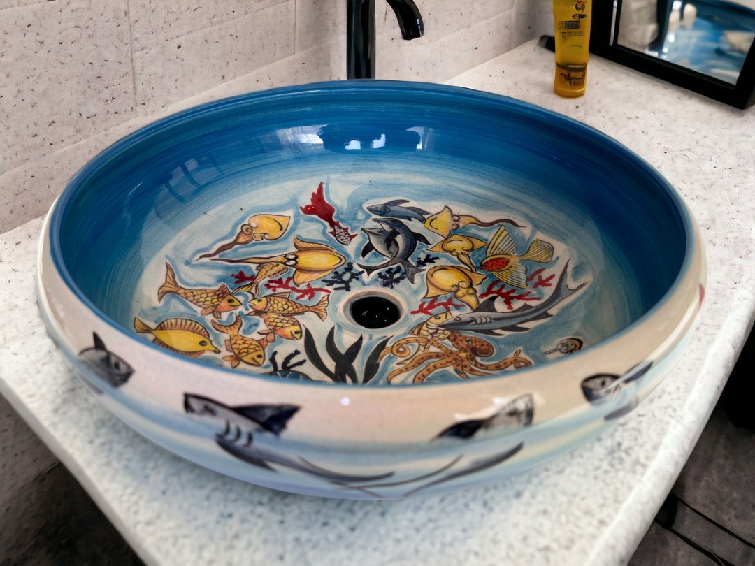 Fish and Sea Round Bathroom Sink, Ceramic Countertop Basin, Beach House ...