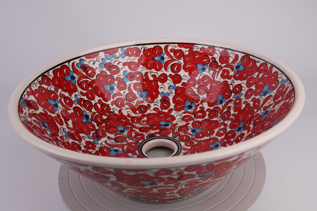 Red Painted Bathroom Vessel Sink, Countertop Basin, Rustic Round ...