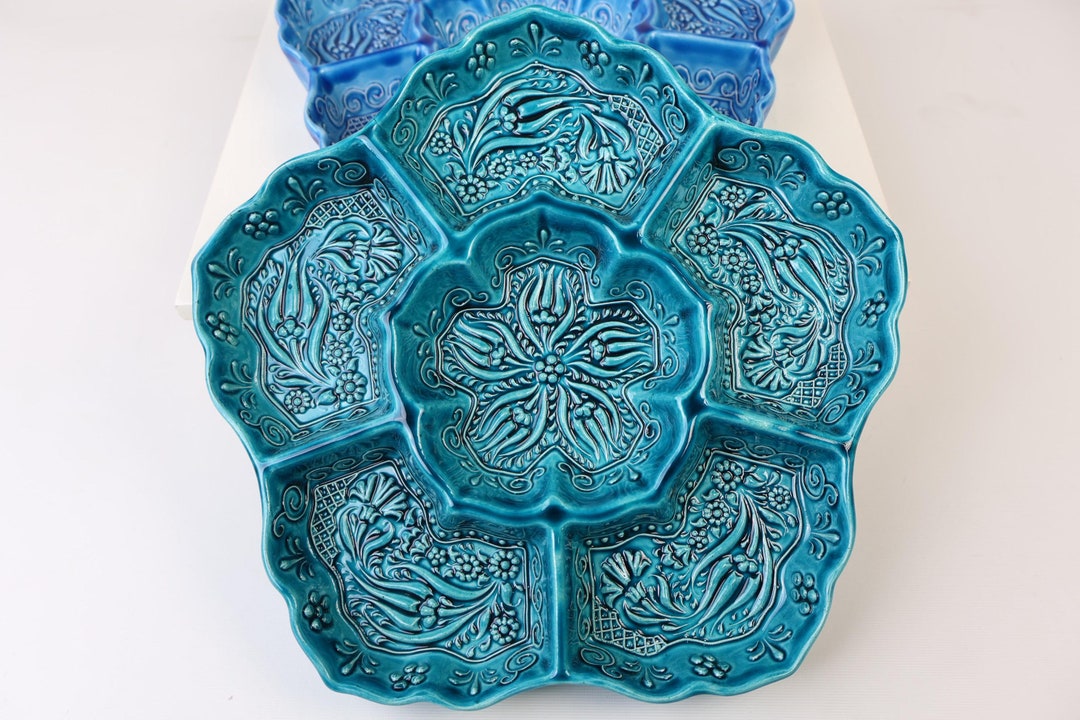 Turquoise Flower Shape 6 Section Snack Serving Tray, Divided Platter ...
