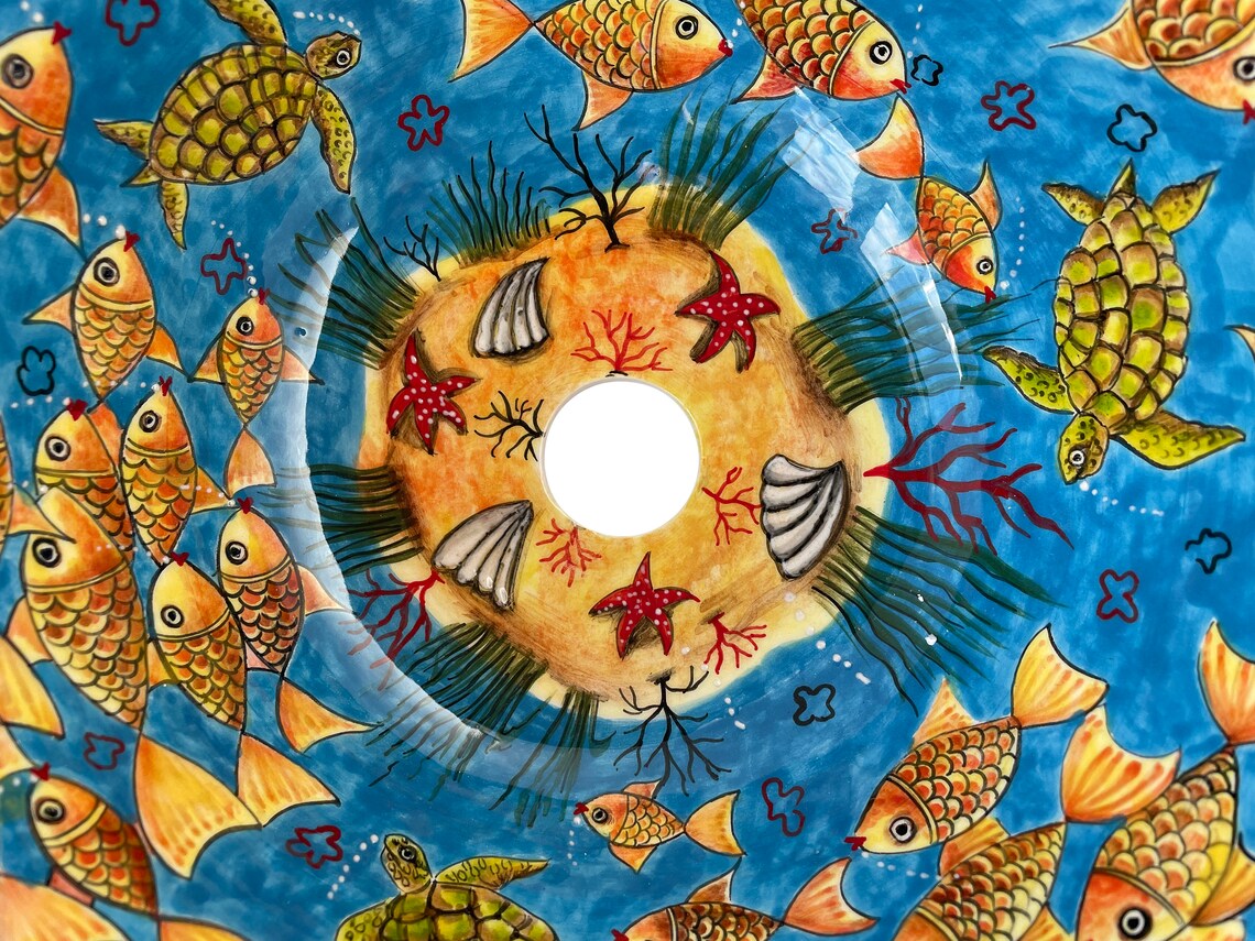 Round Bathroom Vessel Sink Blue Fish Ceramic Above Counter | Etsy