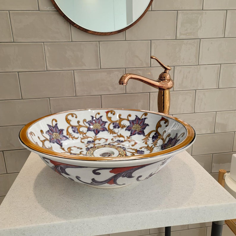 Bathroom Countertop V Shaped Sink, Porcelain Washbasin, Sink, Floral ...