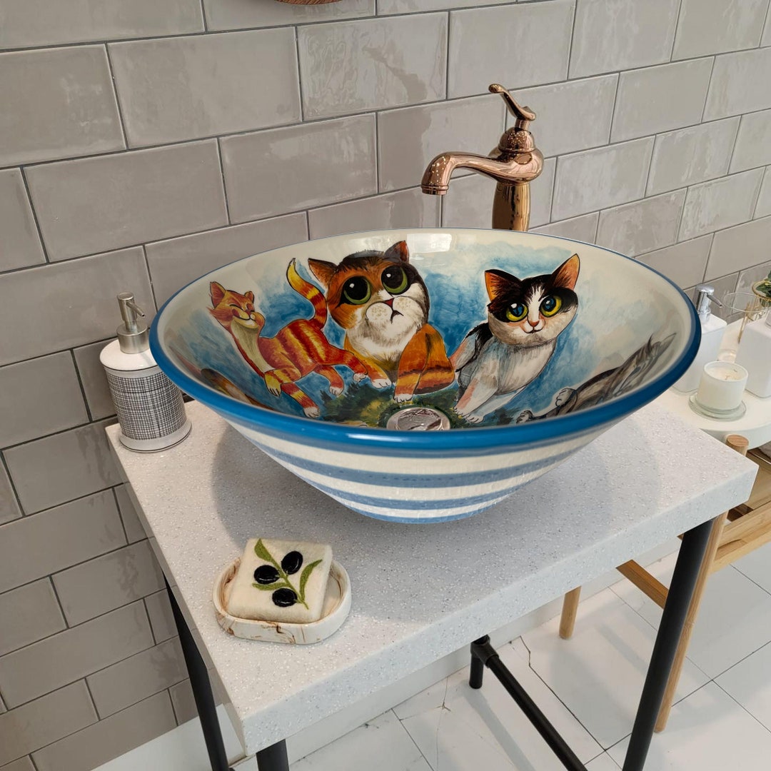 Bathroom Cats Vessel Sink, Animal Washbasin, Half Bathroom Pottery ...