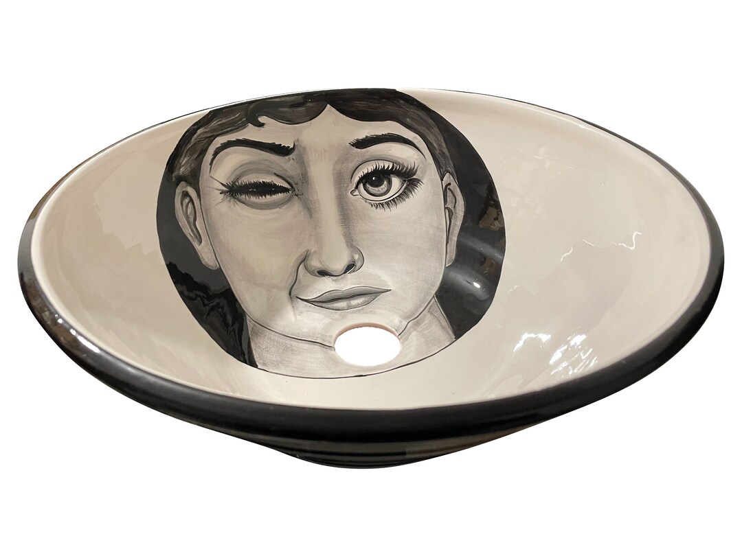 Round Bathroom Vessel Sink, Winking Woman, Ceramic Above Counter Sink ...