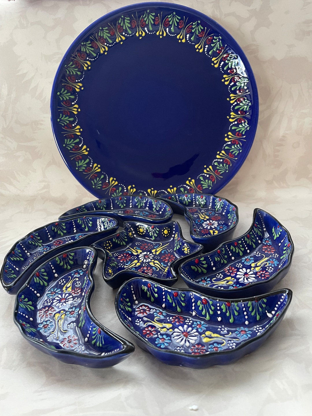 Navy Blue Ceramic Snack Serving, Handmade Turkish Platter, Pottery Bowl ...